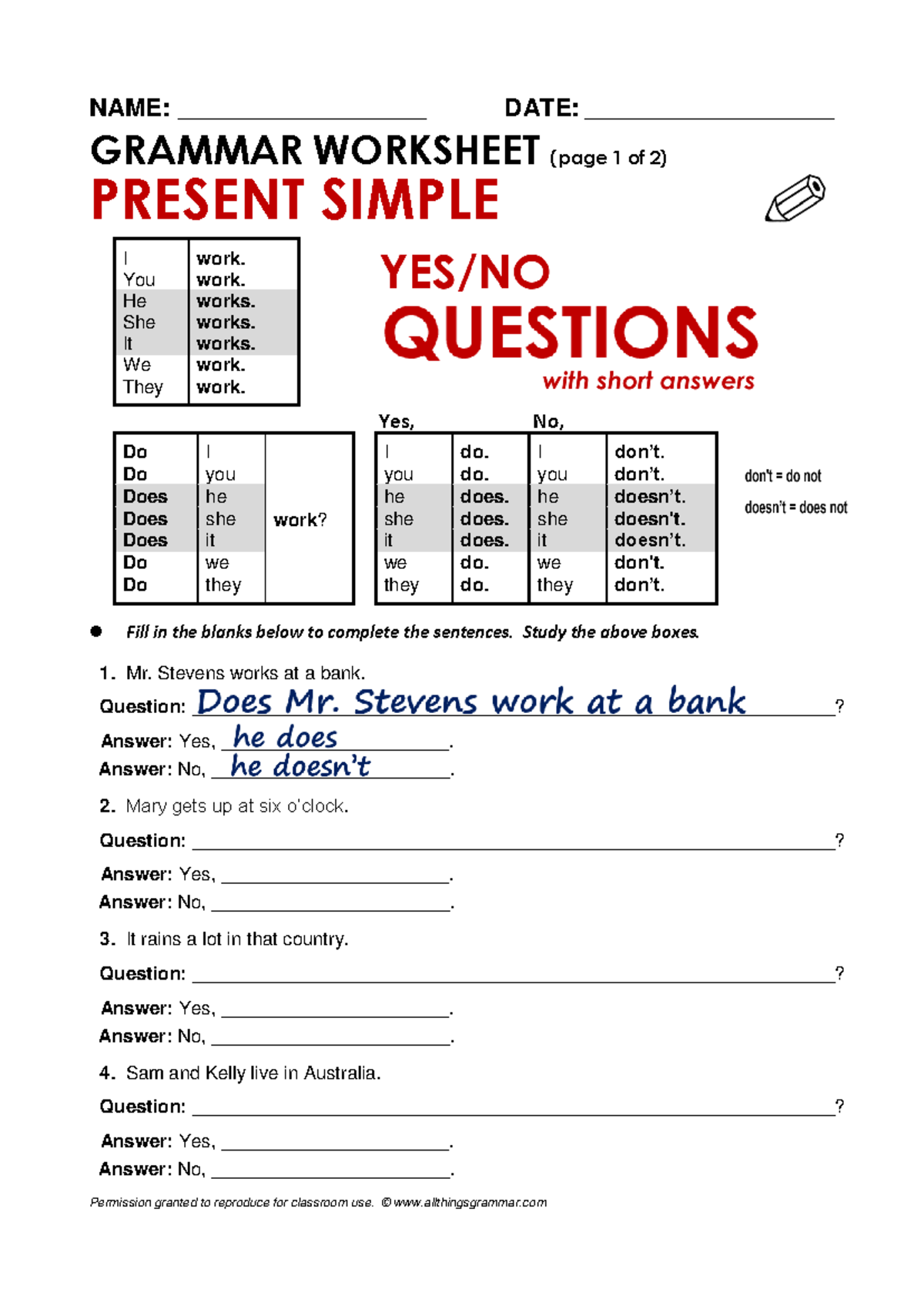 Grammar Worksheet: Yes/No Questions & Present Simple - Studocu