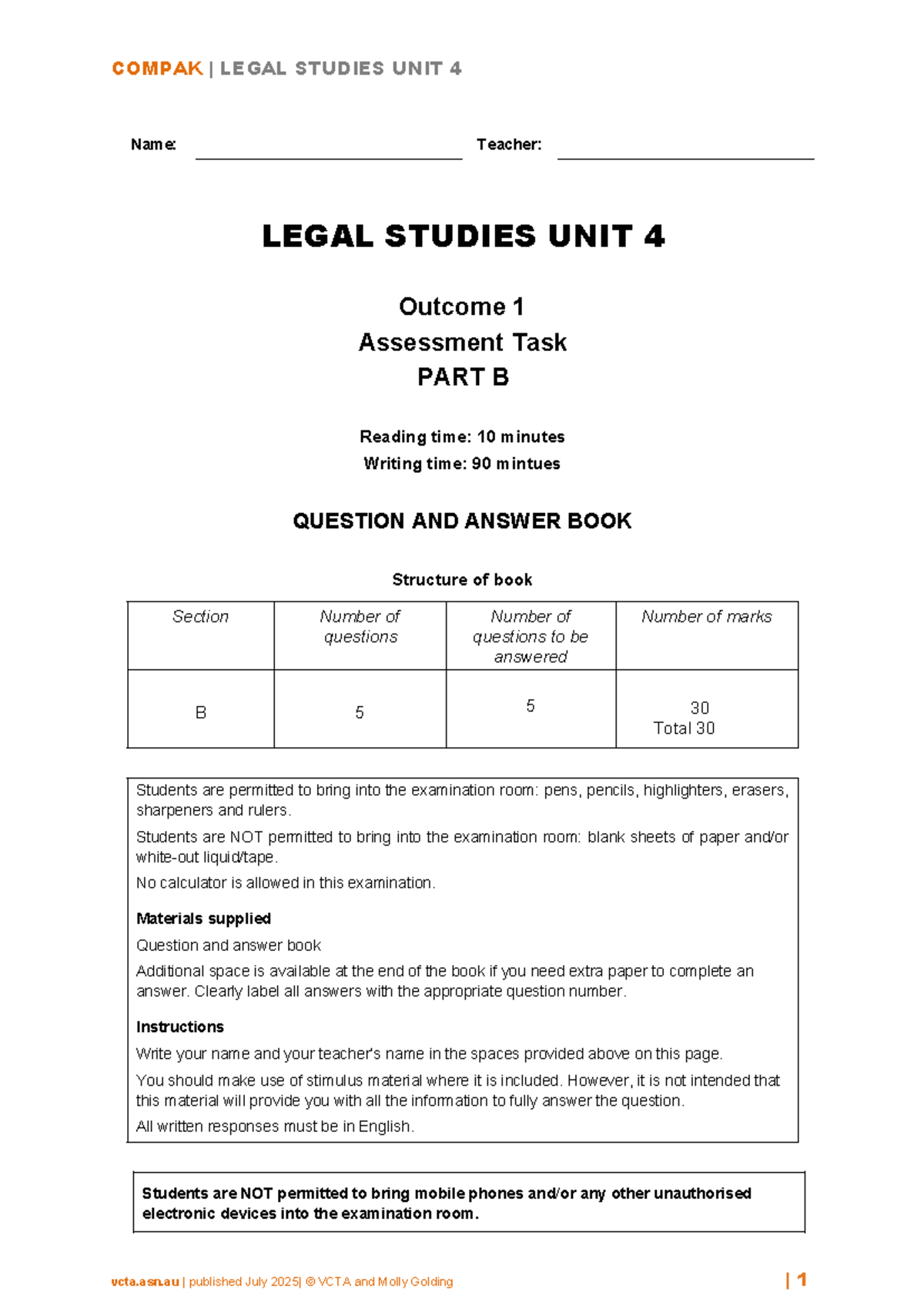 U4O1 Legal Studies Practice SAC Part B: Exam Structure & Questions ...