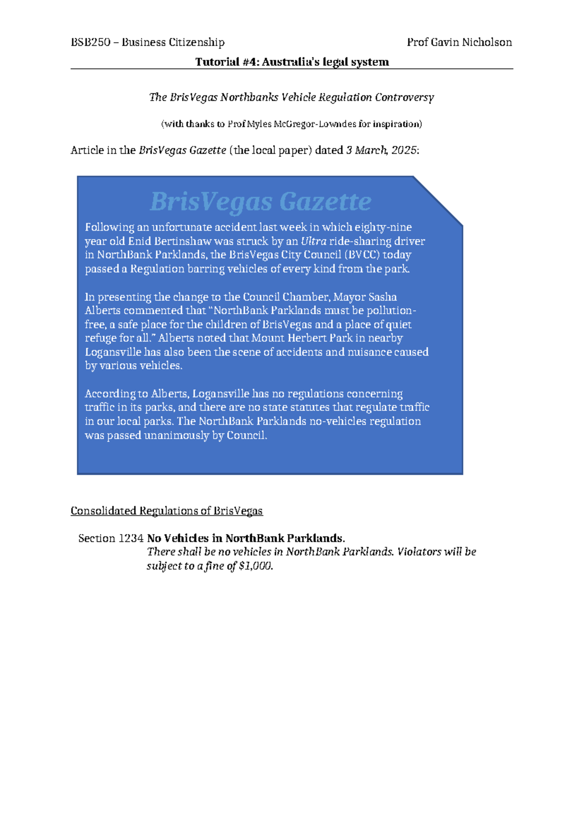 BSB250 Business Citizenship Prof Gavin Nicholson Tutorial: Legal System ...
