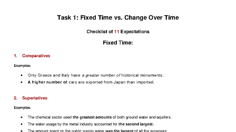 Task 1: Fixed Time vs. Change Over Time - 11 Key Expectations - Studocu