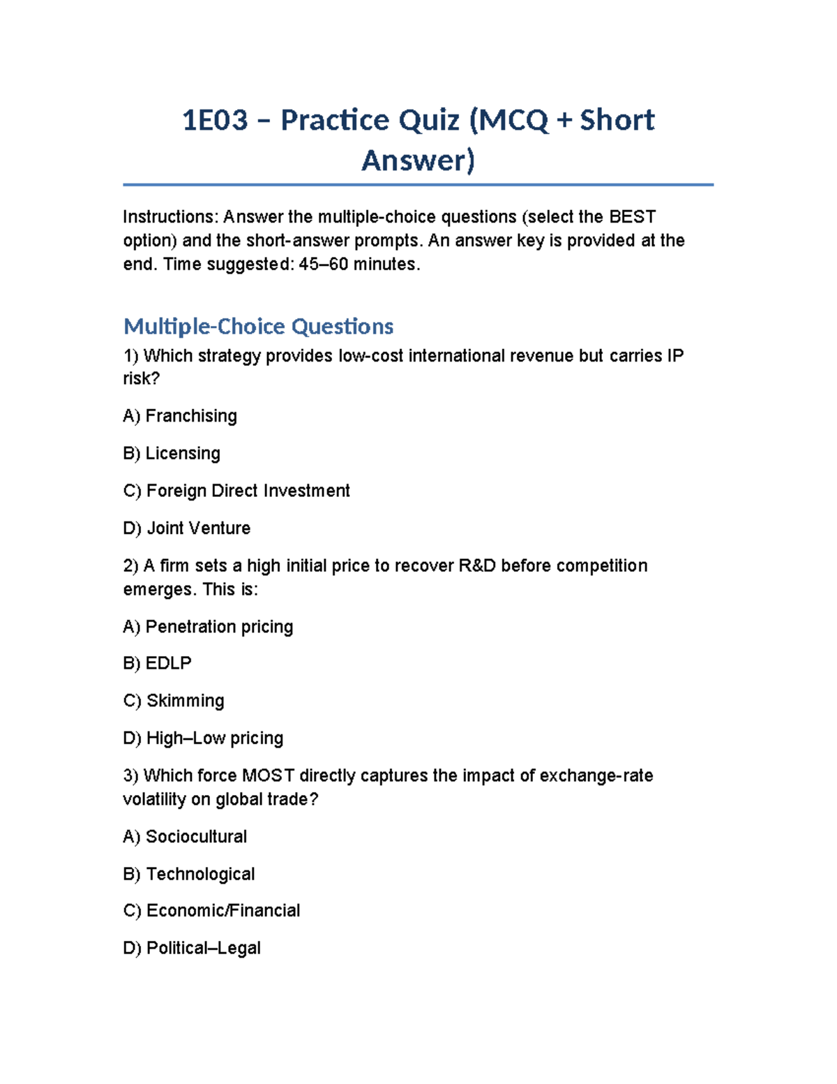 1E03 Final Practice Quiz (MCQ & Short Answer) - Studocu