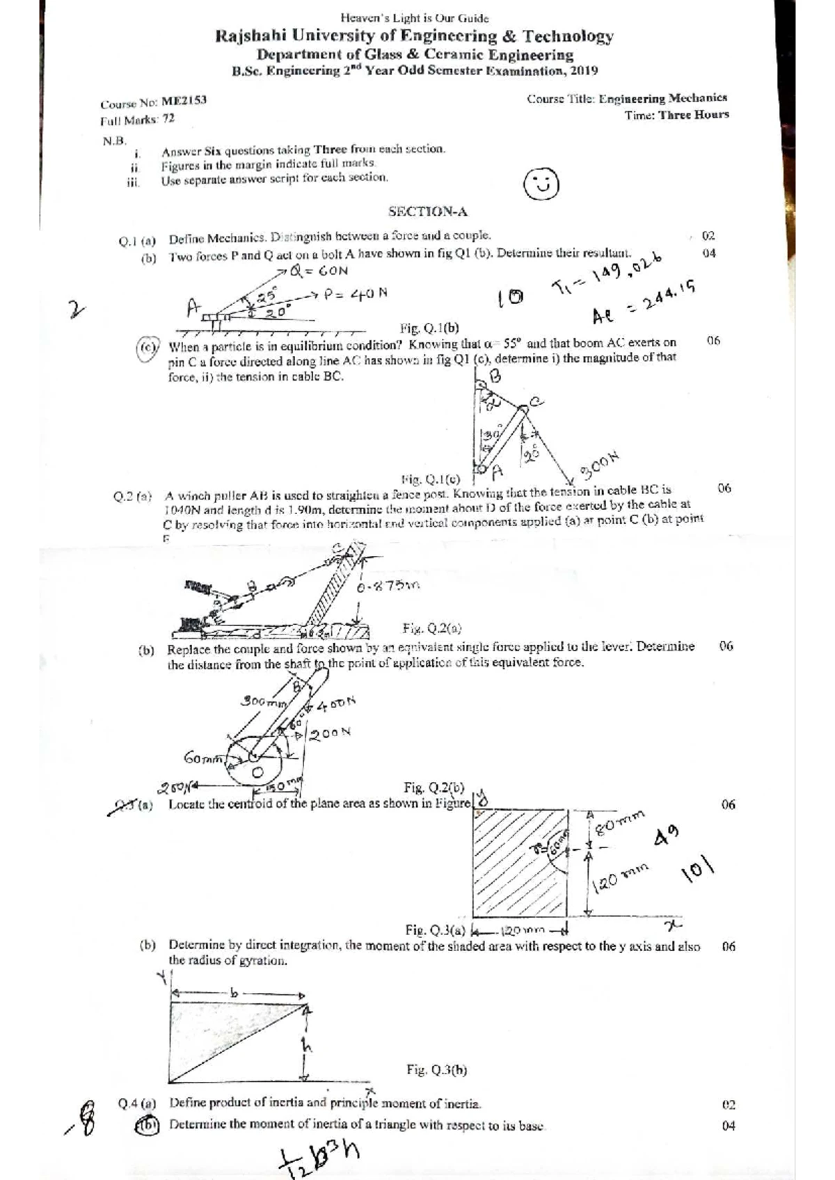 Engineering Mechanics ME2153 Final Exam Questions - B.Sc. 2nd Year ...