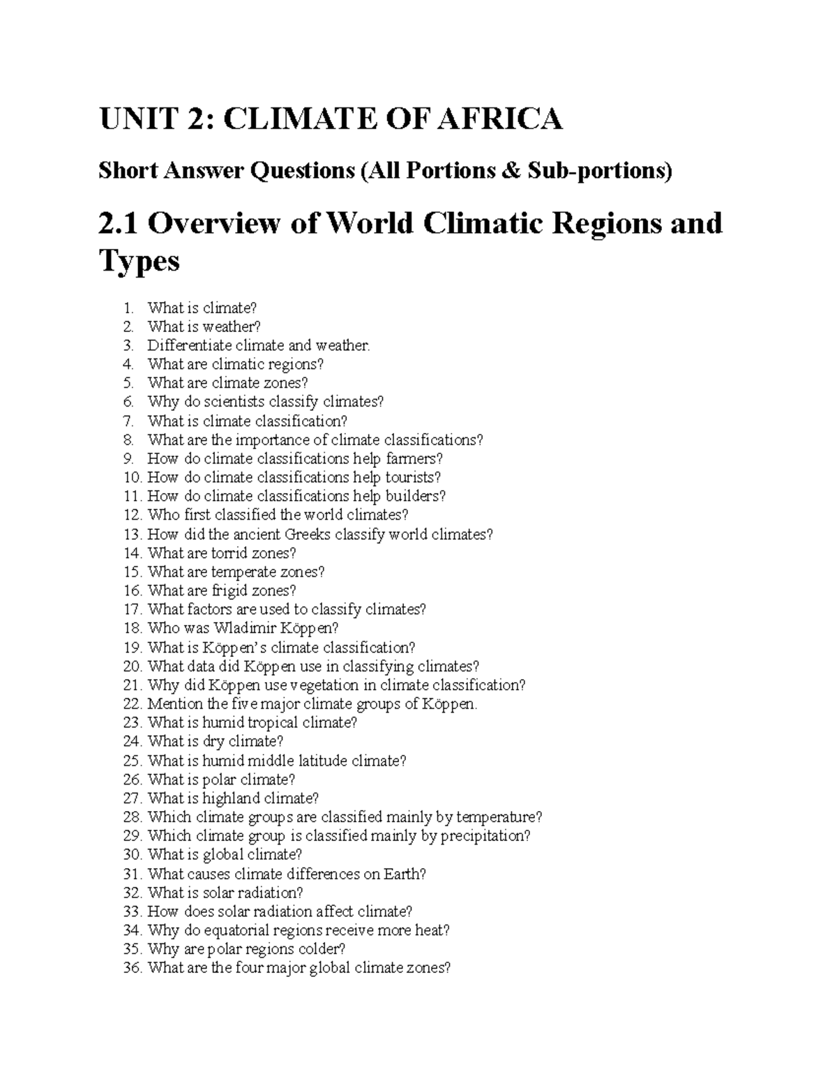 Grade 10 Geography: UNIT 2 - Climate of Africa Short Answer Q&A - Studocu