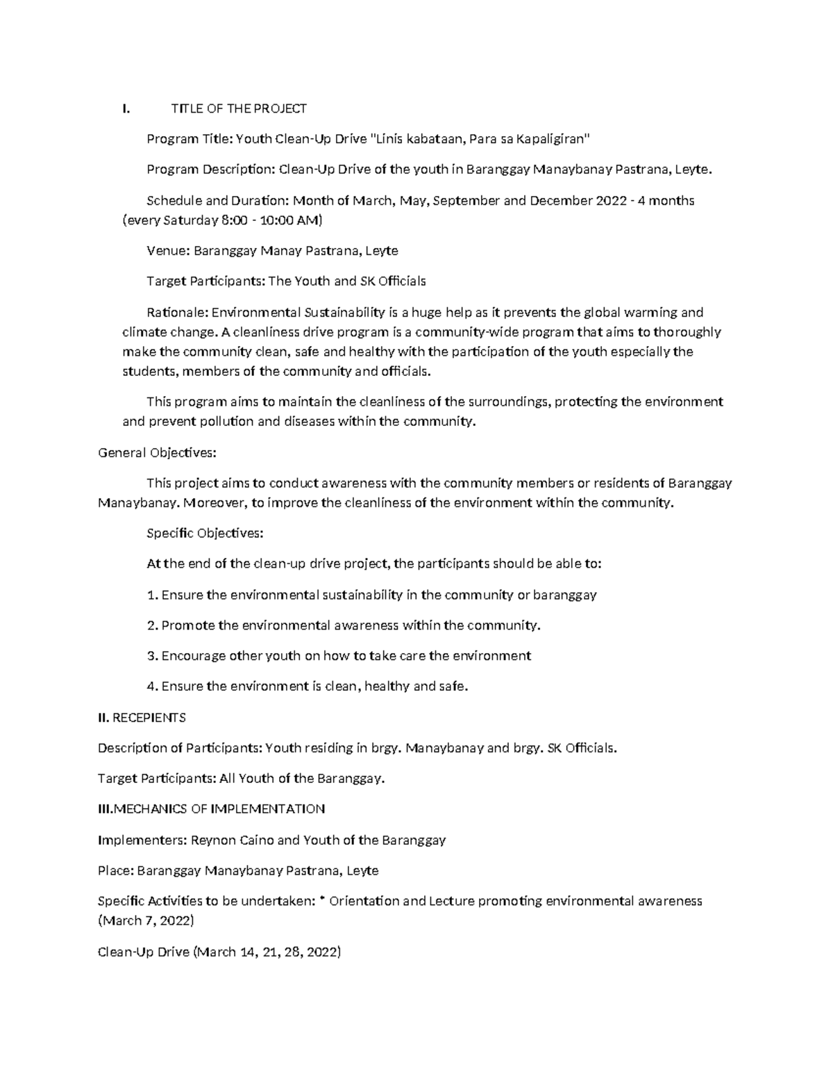 Youth Clean-Up Drive Proposal: "Linis Kabataan, Para sa Kapaligiran ...