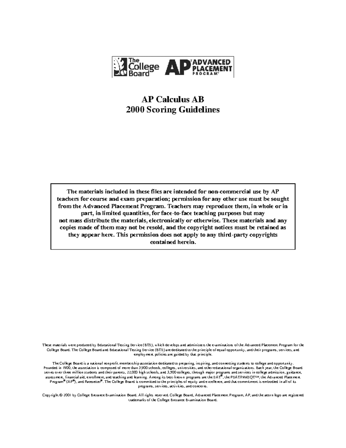 2000 AP Calculus AB Exam Scoring Guidelines and Permissions - Studocu