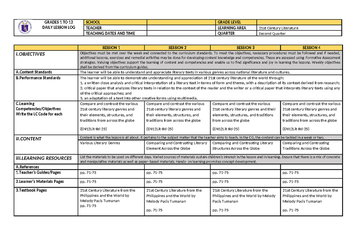21st Century Literature (2nd Quarter) - Week 6 Lesson Plan - Studocu