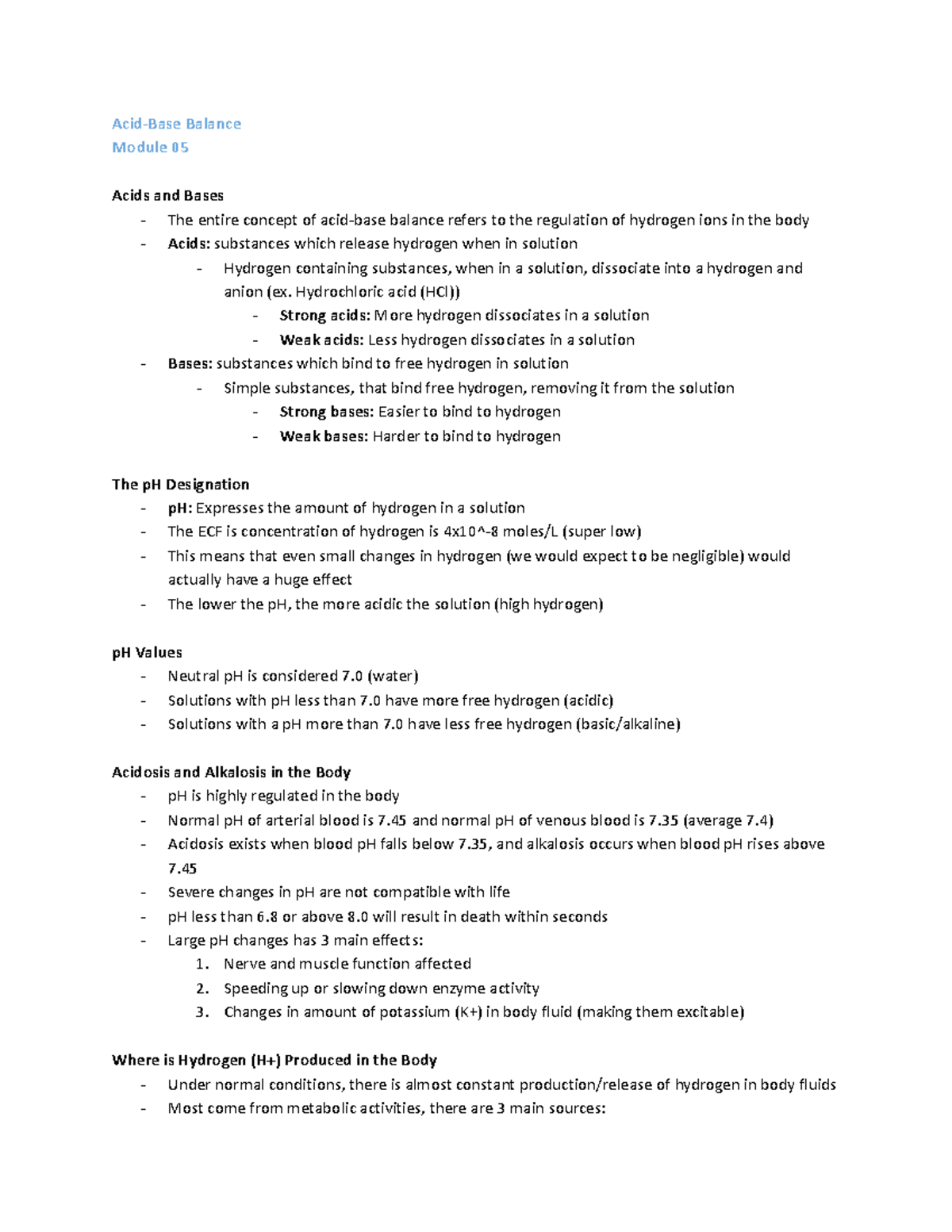 PHYG 216 Module 05: Acids, Bases, and pH Regulation Notes - Studocu
