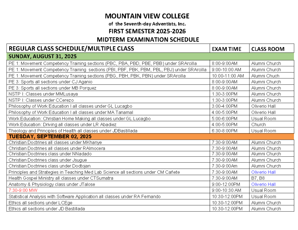 Midterm Exam Schedule for MOUNTAIN VIEW COLLEGE 2025-2026 - Studocu