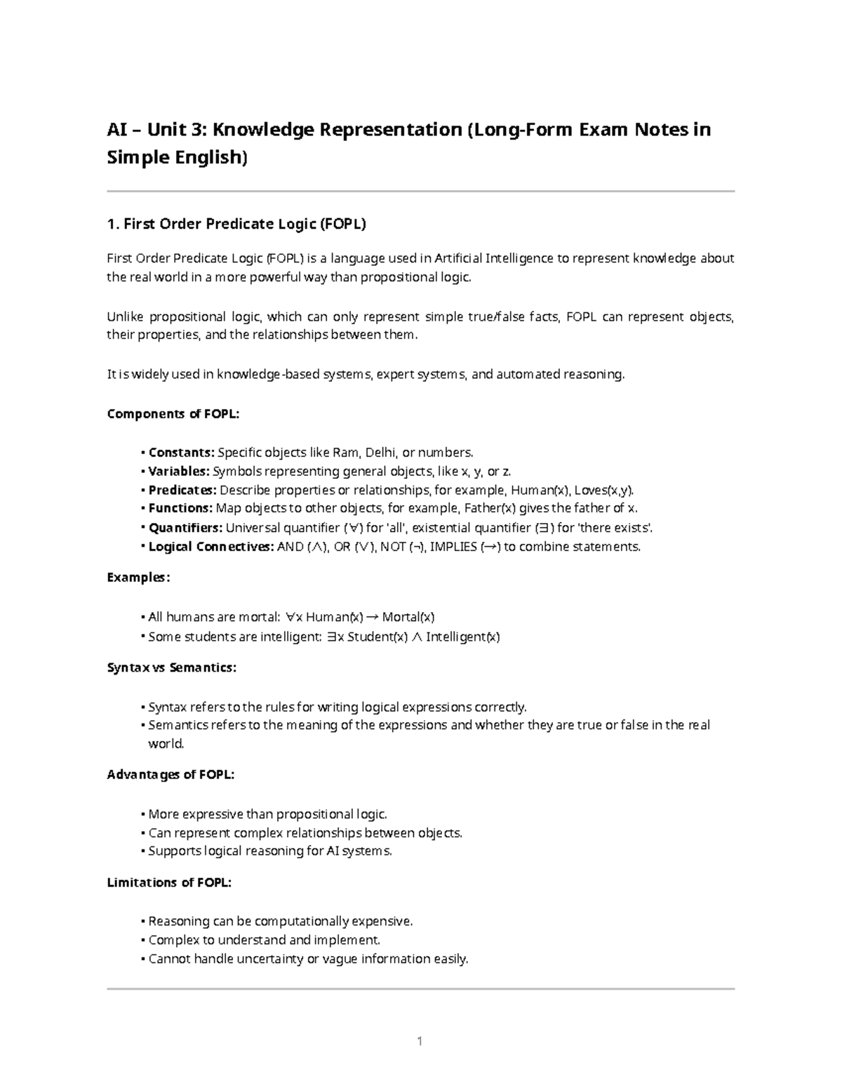 AI Unit 3: Knowledge Representation Exam Notes in Simple English - Studocu