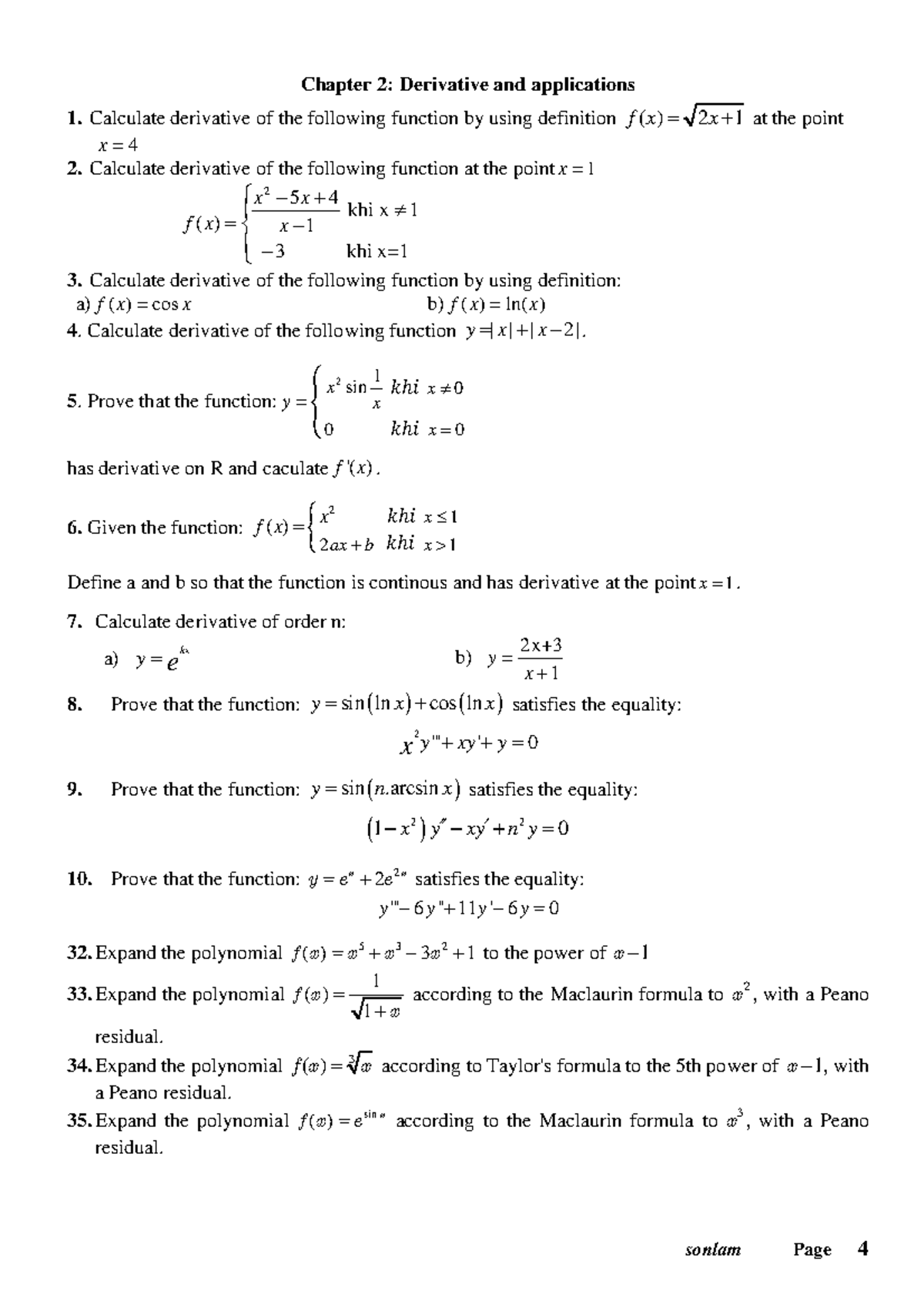 Calculus excercises Derivative and applications - Chapter 2: Derivative ...