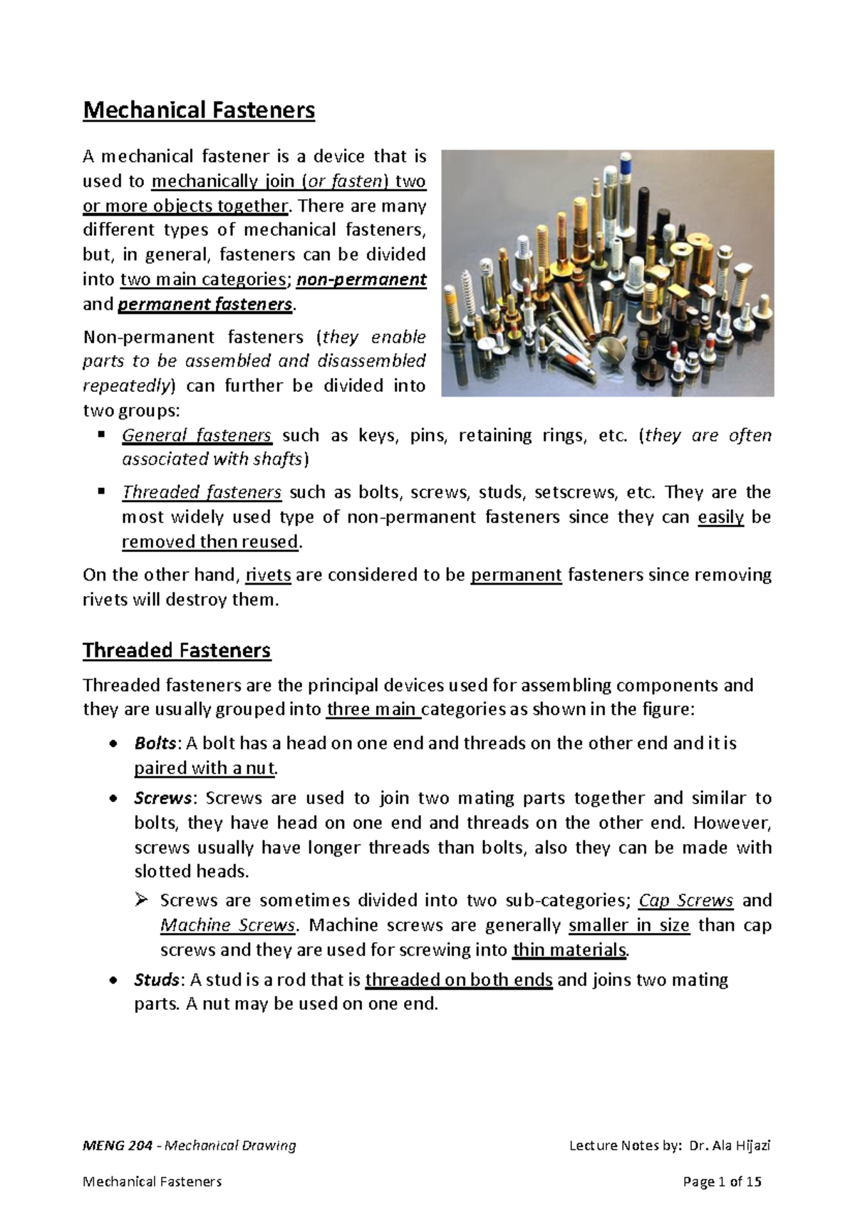MENG 204 Mechanical Drawing: Lecture Notes on Fasteners - Studocu