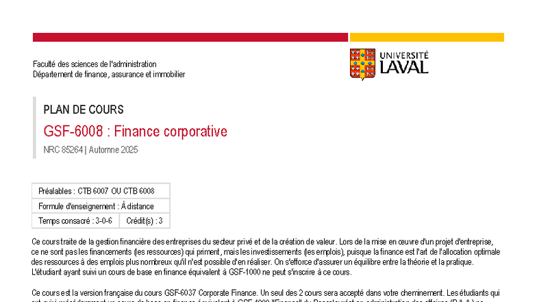 PLAN DE COURS : Finance Corporative NRC 85264 - Automne 2025 - Studocu