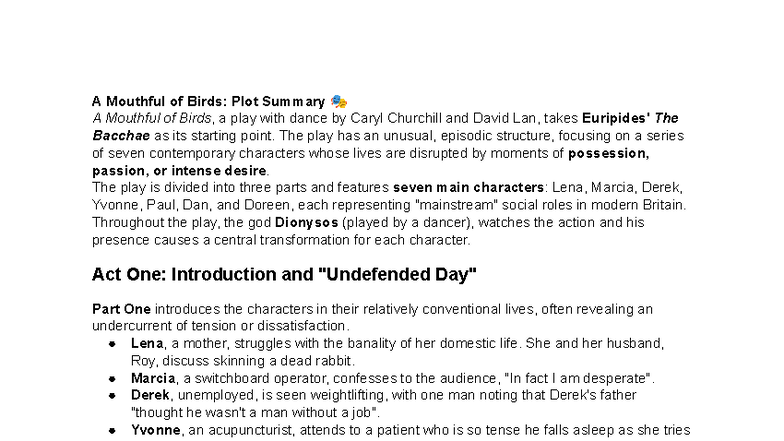 A Mouthful of Birds: Plot Summary and Analysis - Studocu