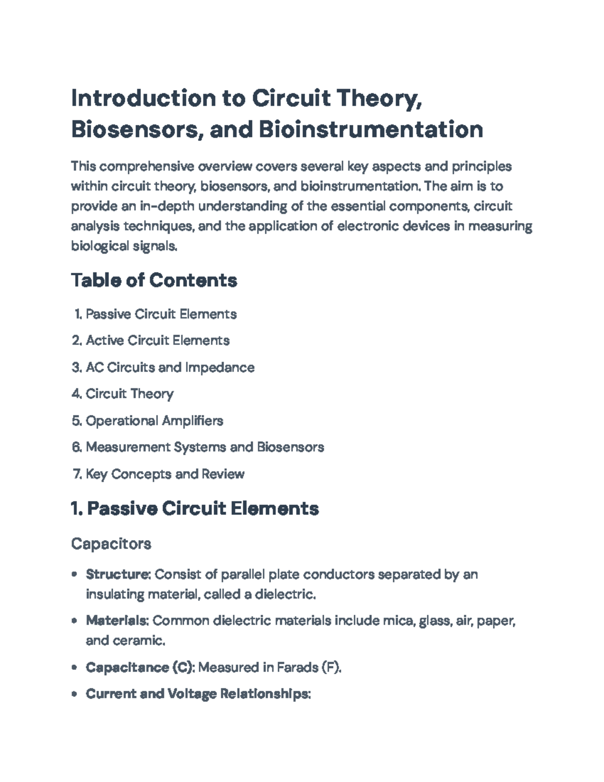 Circuit Theory and Biosensors Overview - BME 116 Lecture Notes ...