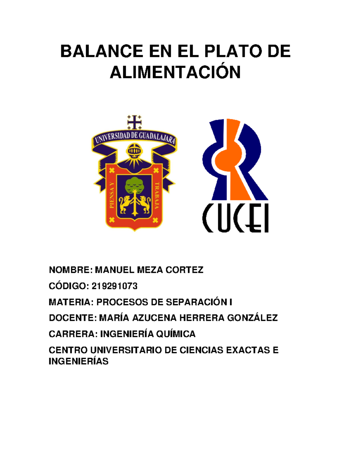 Balance EN EL Plato DE Alimentación MEZA Cortez Manuel - procesos de ...