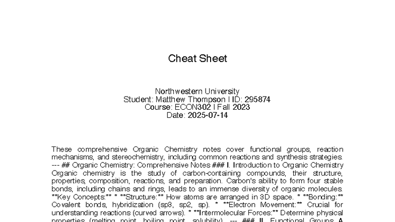ECON302 Fall 2023: Comprehensive Organic Chemistry Notes - Studocu