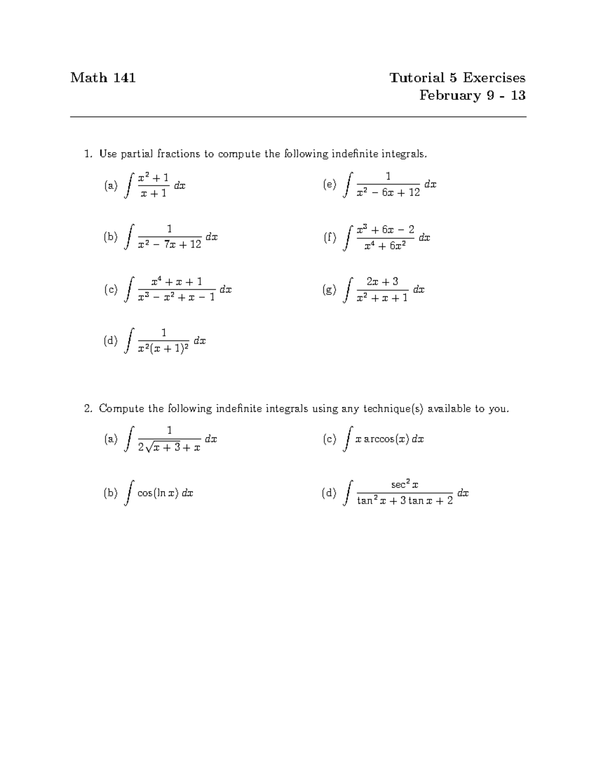 Math 141 - Tutorial 5: Indefinite Integrals Exercises - Studocu