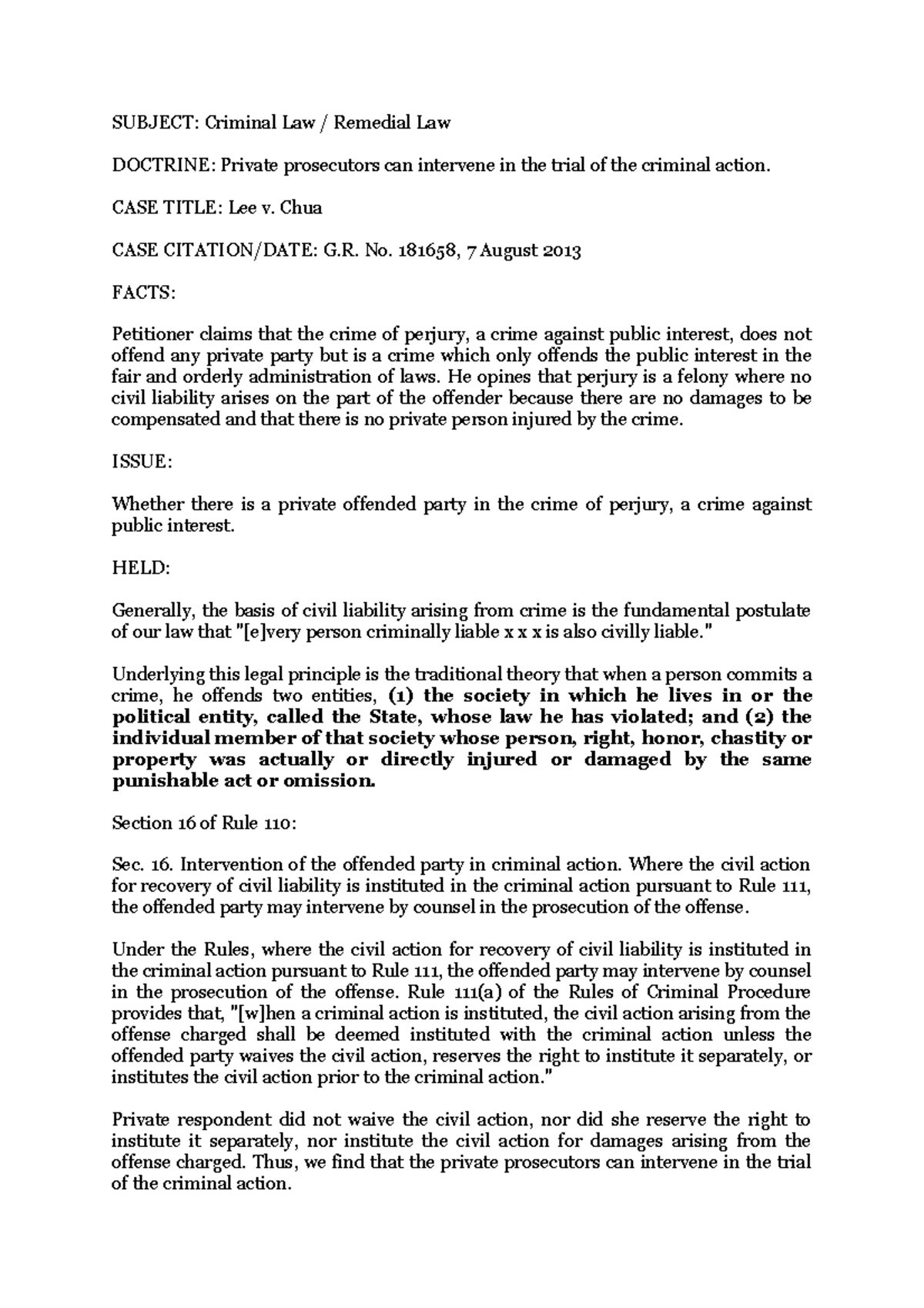 Case digest sample - SUBJECT: Criminal Law / Remedial Law DOCTRINE ...