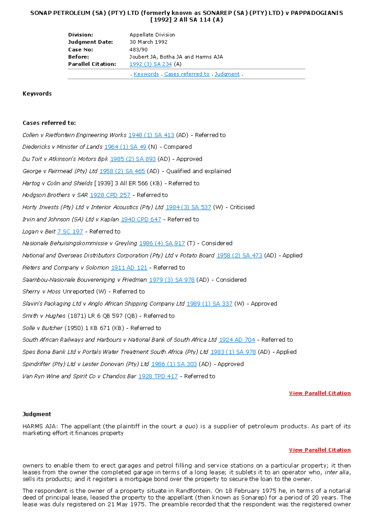 SONAP PETROLEUM (SA) (PTY) LTD v PAPPADOGIANIS: Appellate Division ...