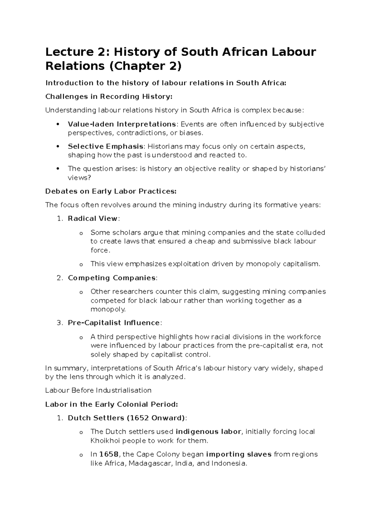 Lecture 2: History of South African Labour Relations (Chapter 2) Notes ...