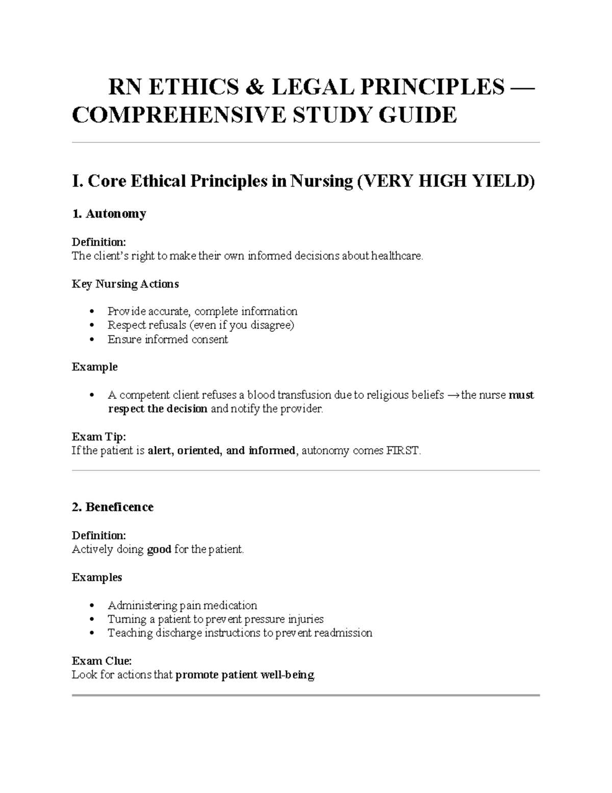 RN Ethics & Legal Principles Comprehensive Study Guide - Studocu