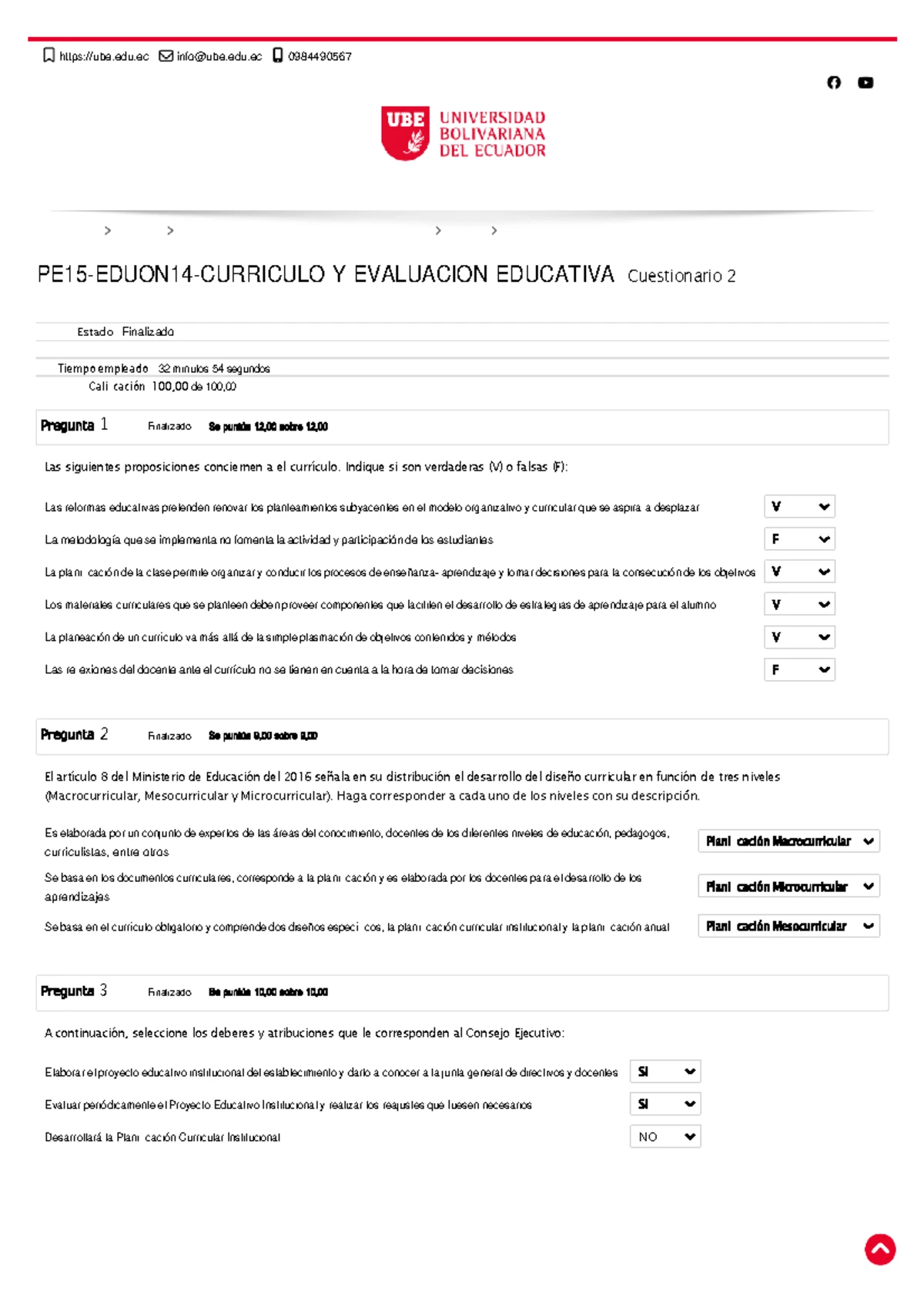 Cuestionario 2: Currículo y Evaluación Educativa PE15-EDUON14 - Studocu
