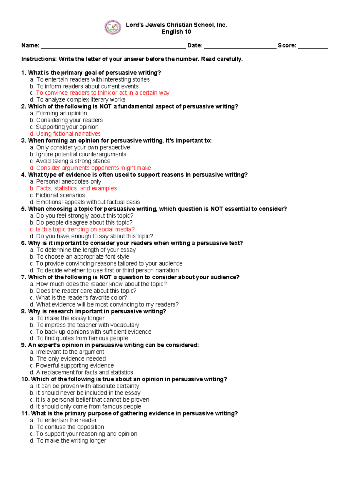 English 10 Persuasive Writing MCQ Quiz - Answer Key Included - Studocu