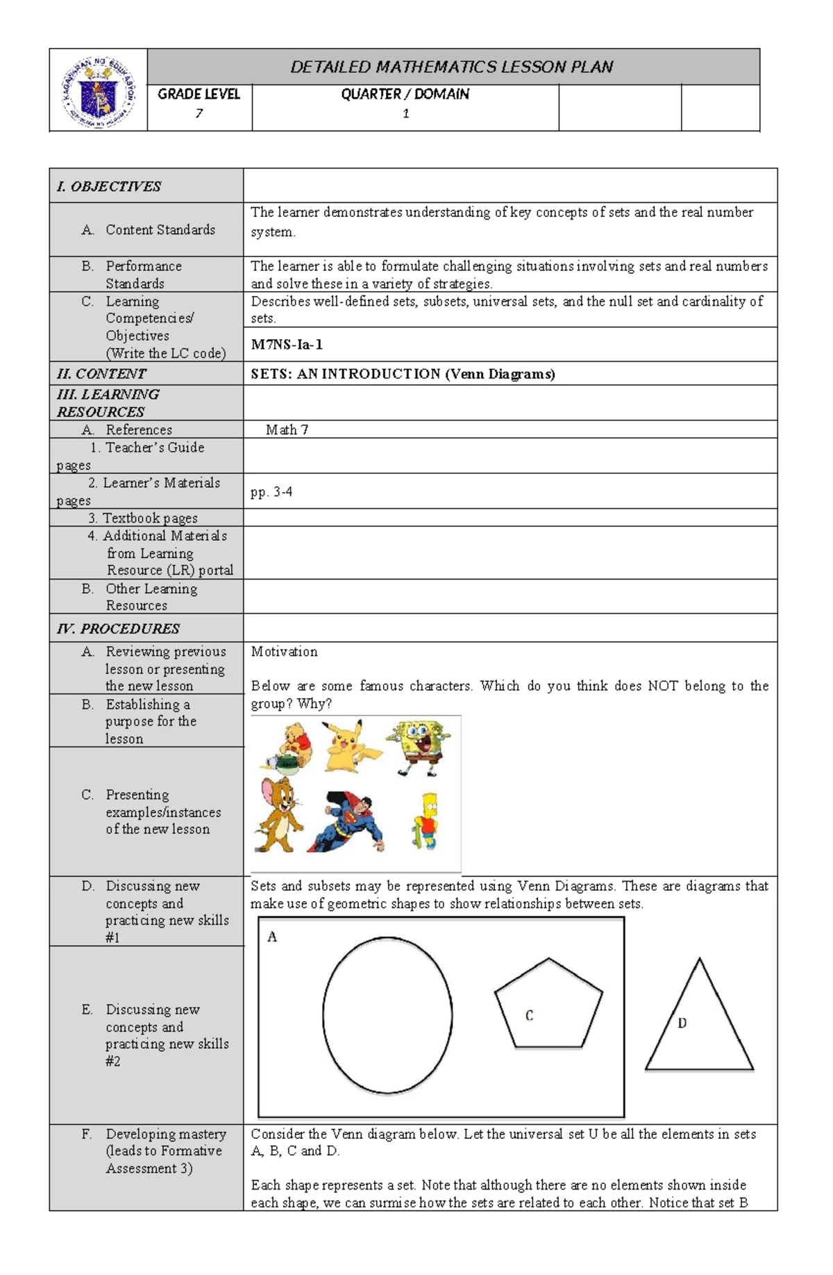 Grade 7 Math Lesson Plan: Sets & Real Numbers (Quarter 1) - Studocu