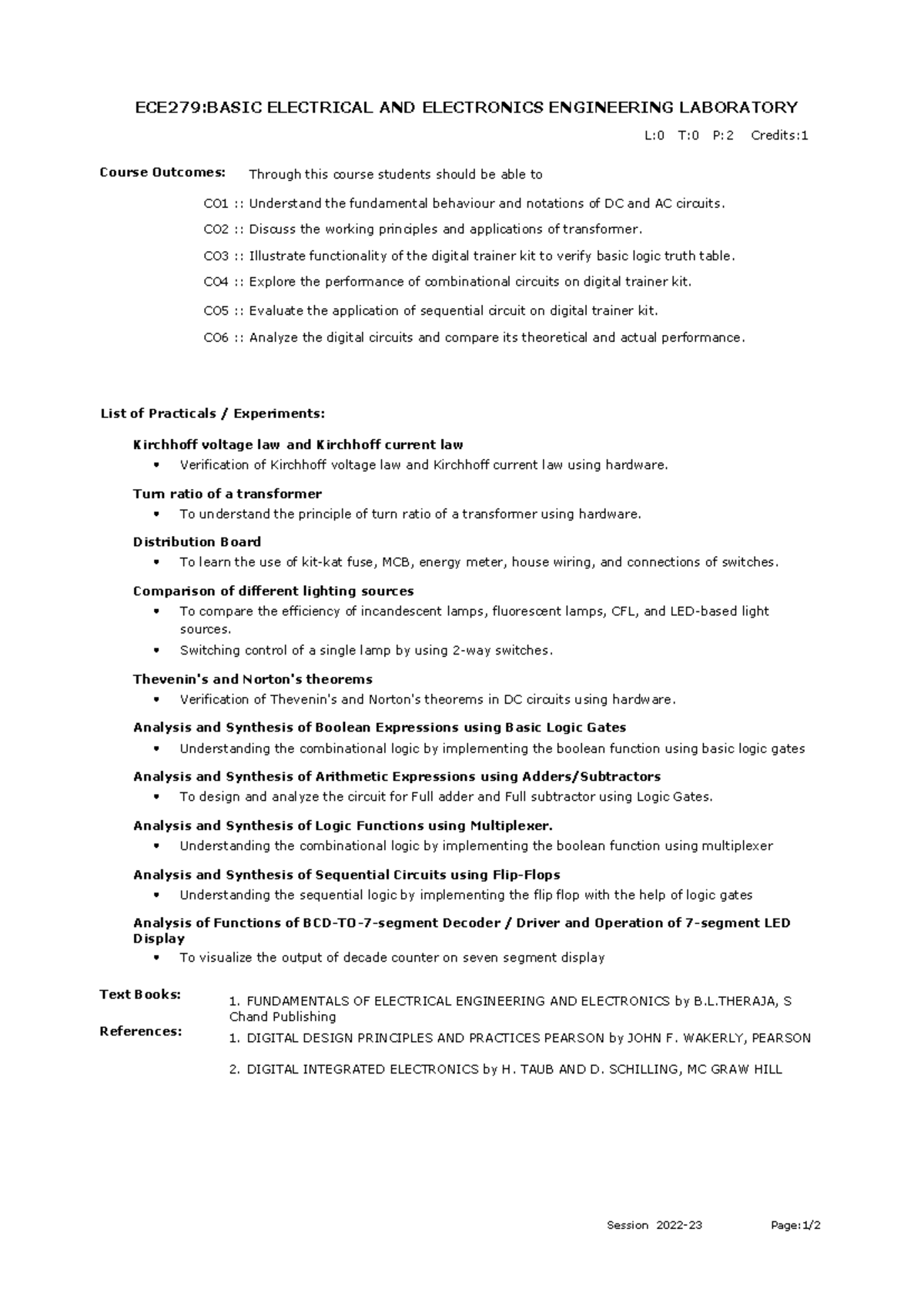 ECE279 - Basic Electrical & Electronics Engineering Lab Syllabus - Studocu