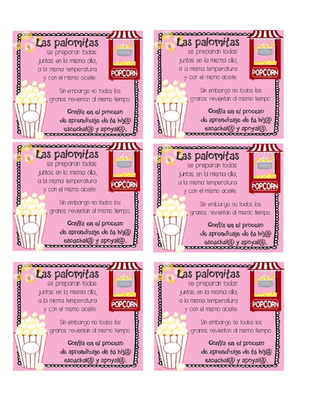 Mensaje para Padres sobre el Proceso de Aprendizaje de Palomitas - Studocu