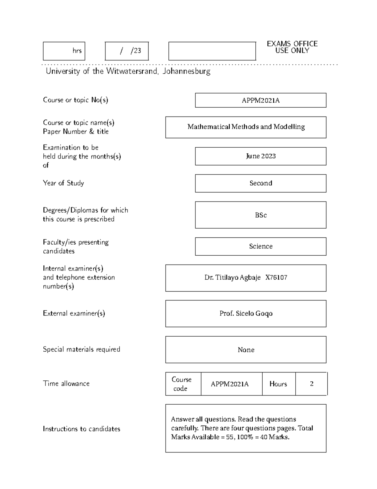 APPM2021A Final Exam 2023: Mathematical Methods & Modelling - Studocu