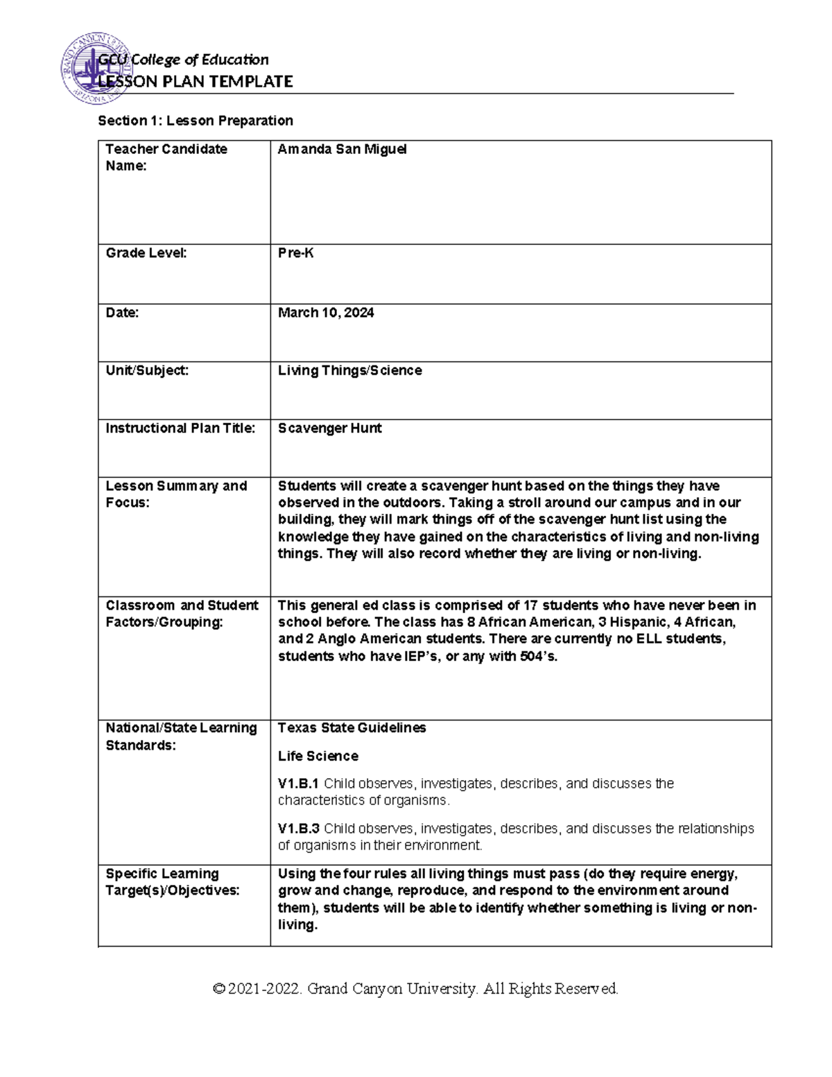 ECE-460-WK5-Scavenger Hunt Lesson Plan on Living Things - Studocu