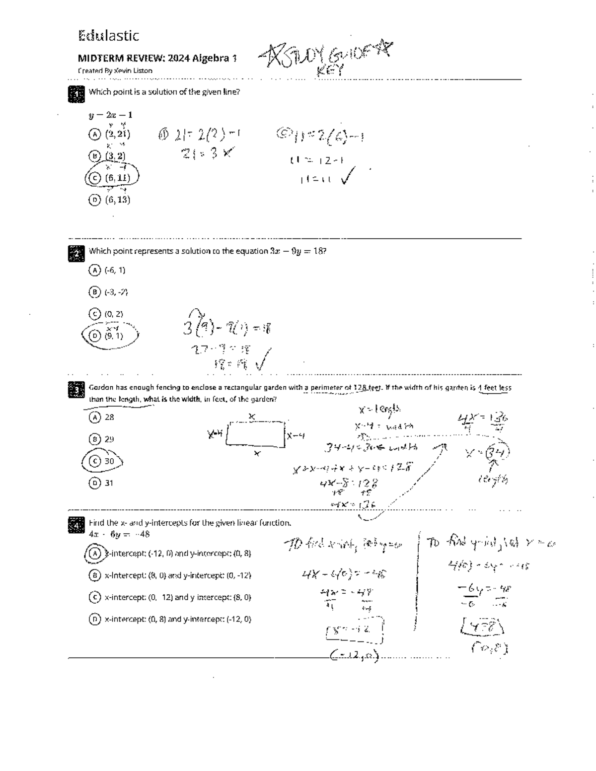Algebra Midterm 23 24 Review Solutions - Edulastic MIDTERM REVIEW: 2024 ...