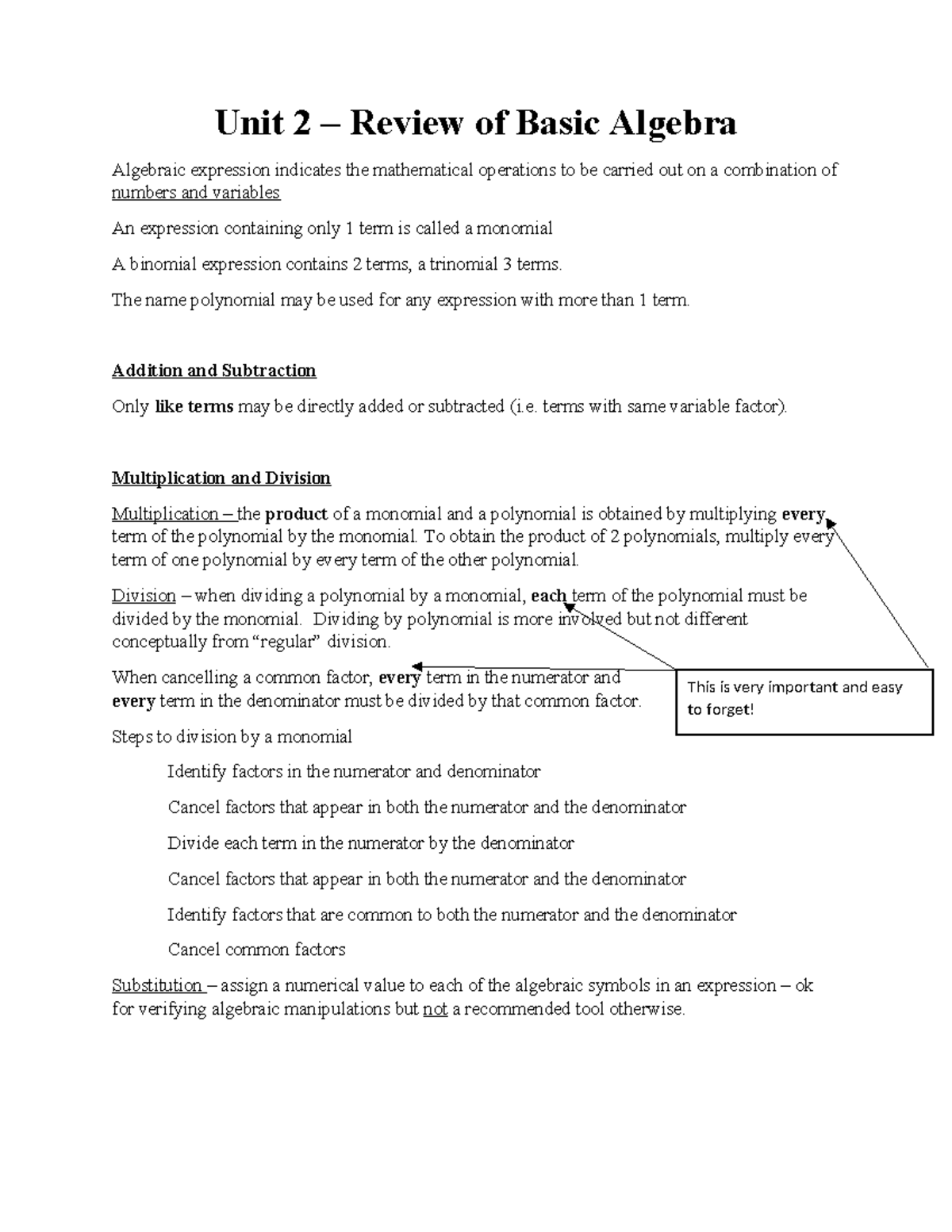 Unit 2 basic algebra - MGTS 113 NOTES - Unit 2 – Review of Basic ...