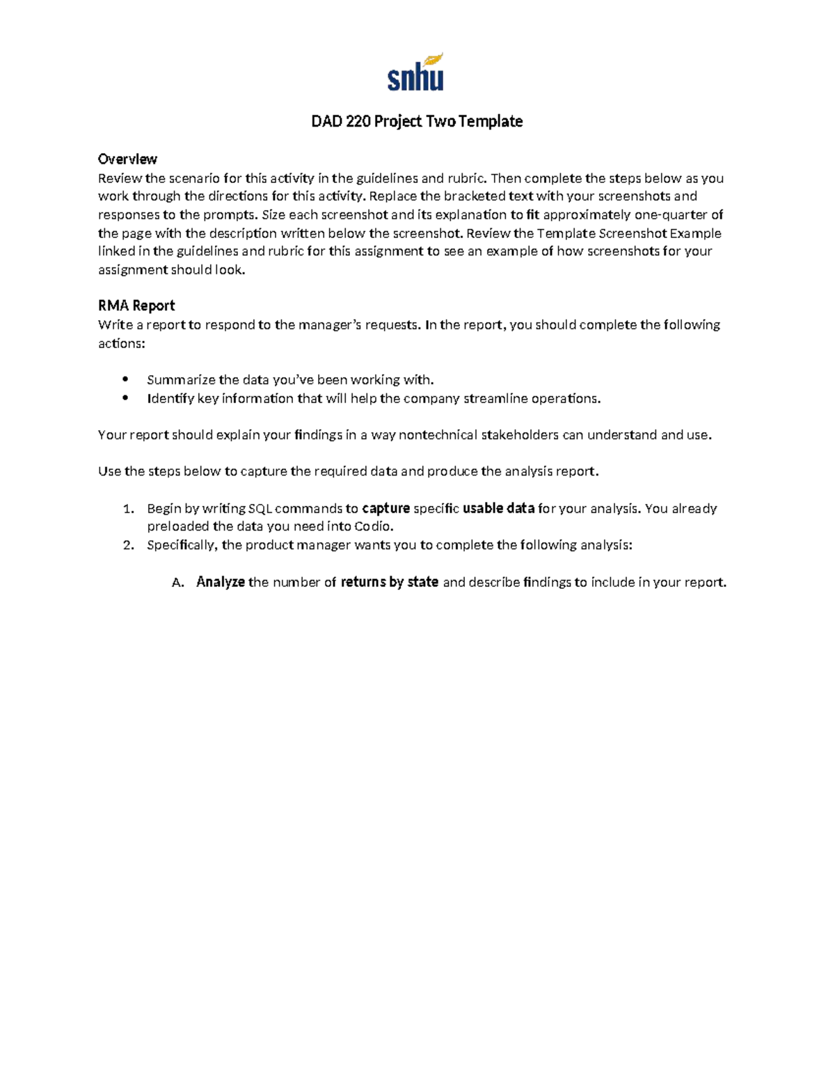 DAD 220 Project Two Template: RMA Report Analysis and Findings - Studocu
