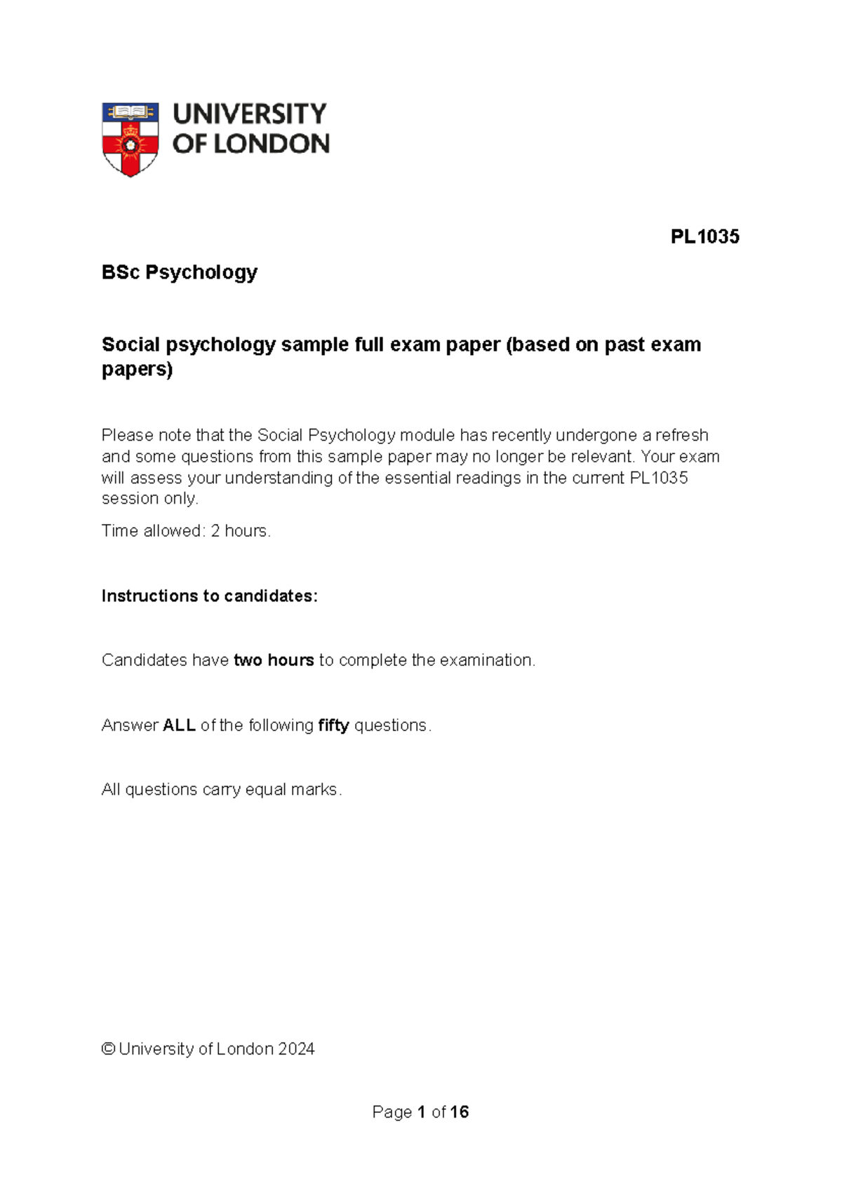 PL1035 Social Psychology Sample Exam Paper - Studocu
