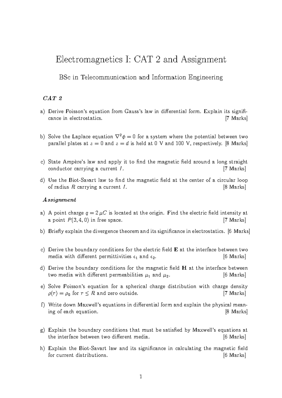 Electromagnetics I: CAT 2 Assignment on Electrostatics and Magnetism ...