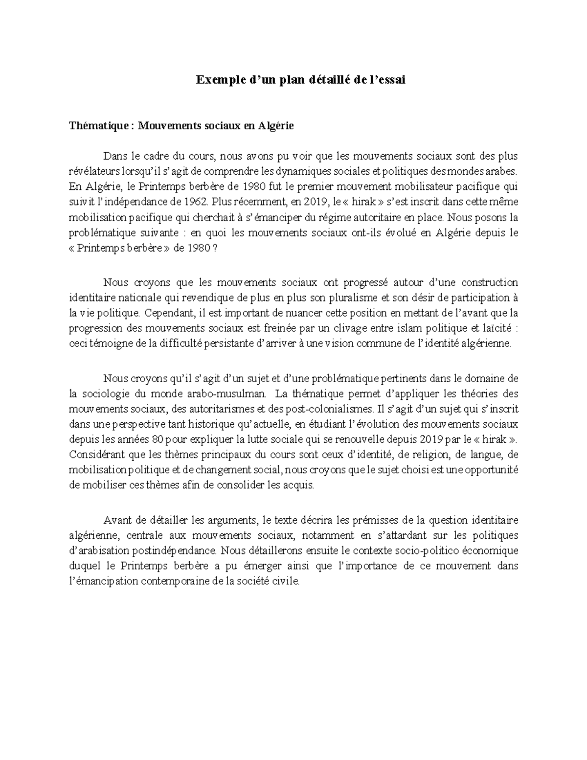 Exemple de Plan Détaillé : Mouvements Sociaux en Algérie (SOL2050 ...