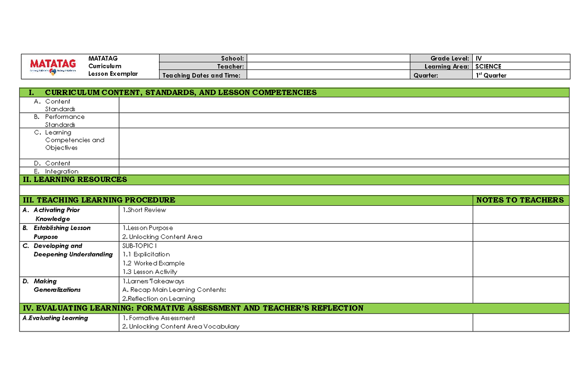 MATATAG Curriculum Lesson Exemplar I: Science 1st Quarter Overview ...