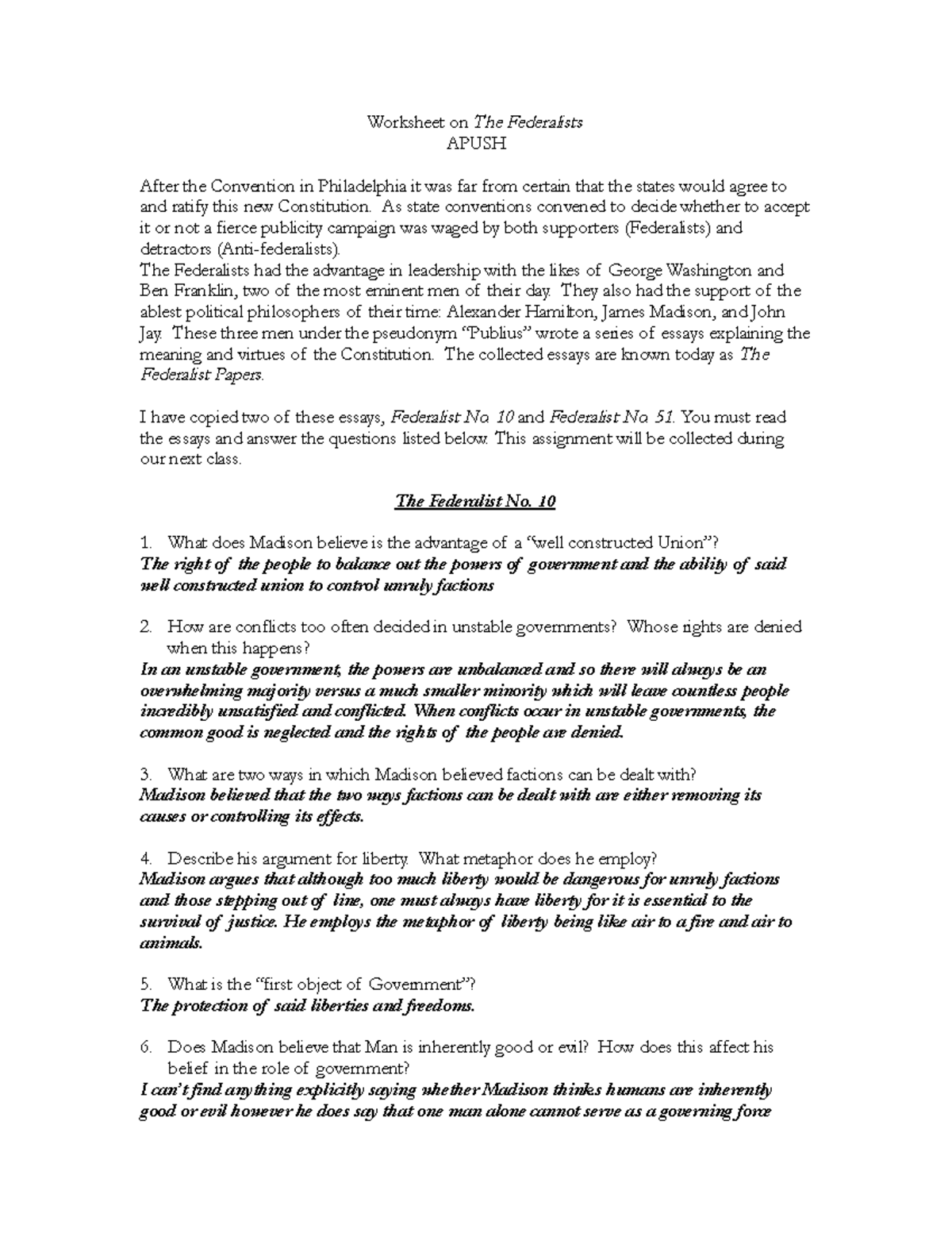 Fed 10 and Fed 51 Analysis - Worksheet on The Federalists APUSH After ...