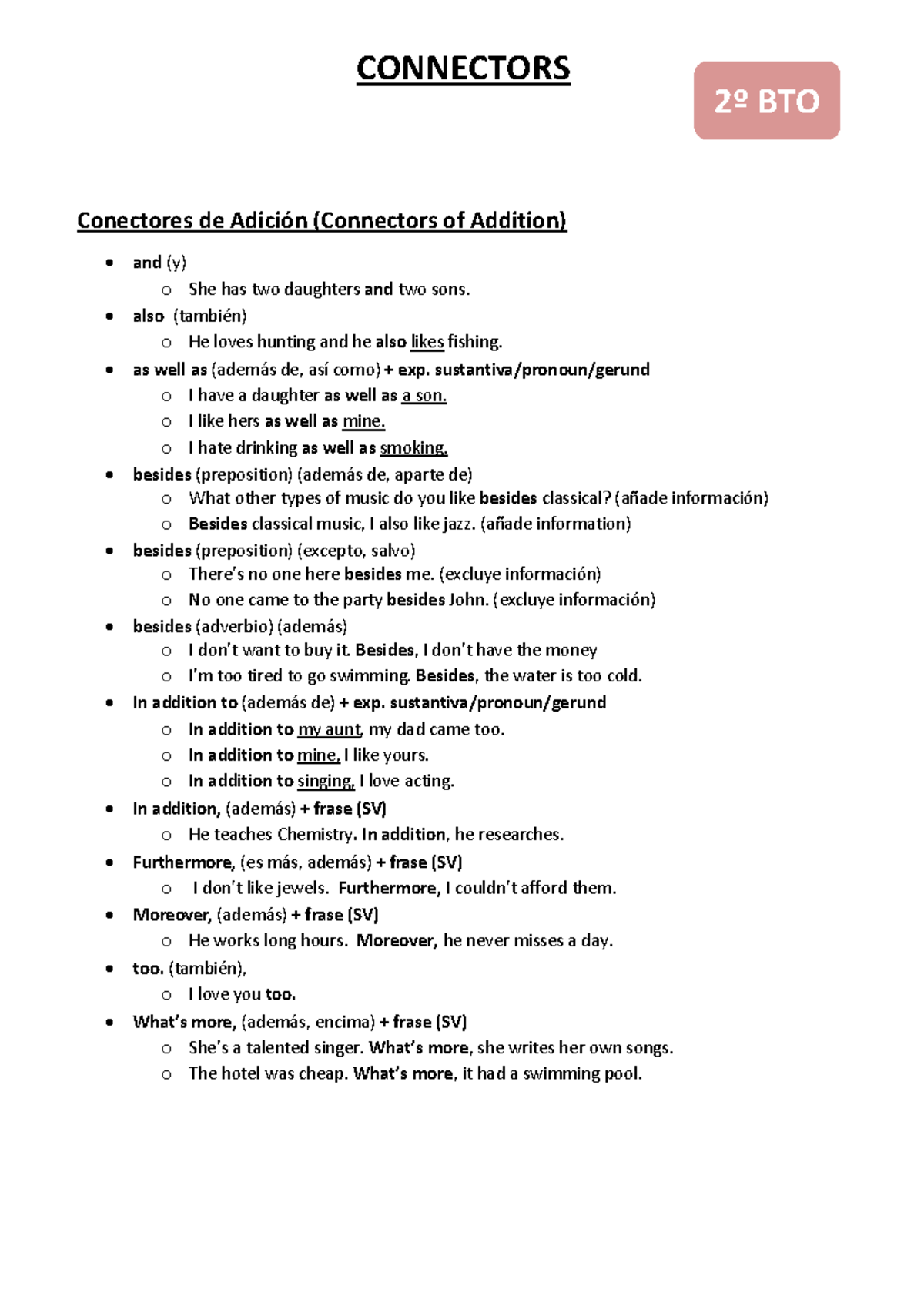 2º BTO Connectors: Addition, Contrast, Result, and Purpose - Studocu