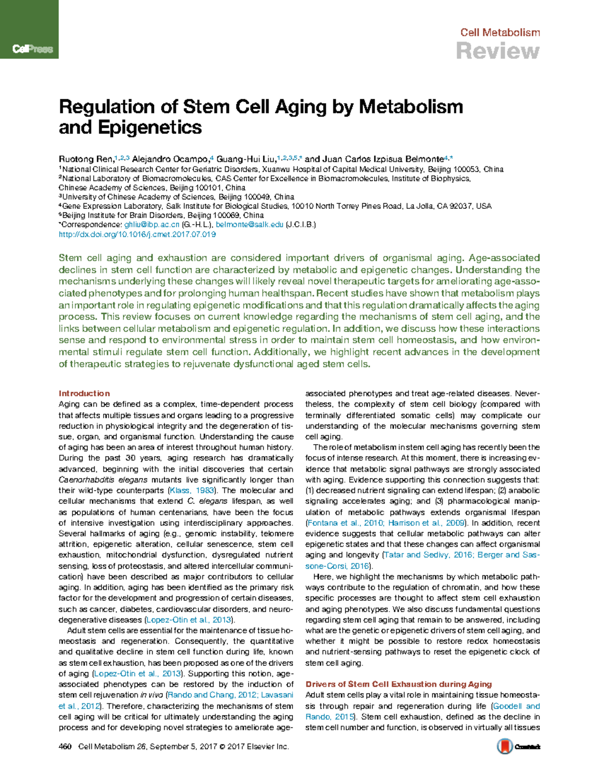Regulation of Stem Cell Aging by Metabolism and Epigenetics - Review ...