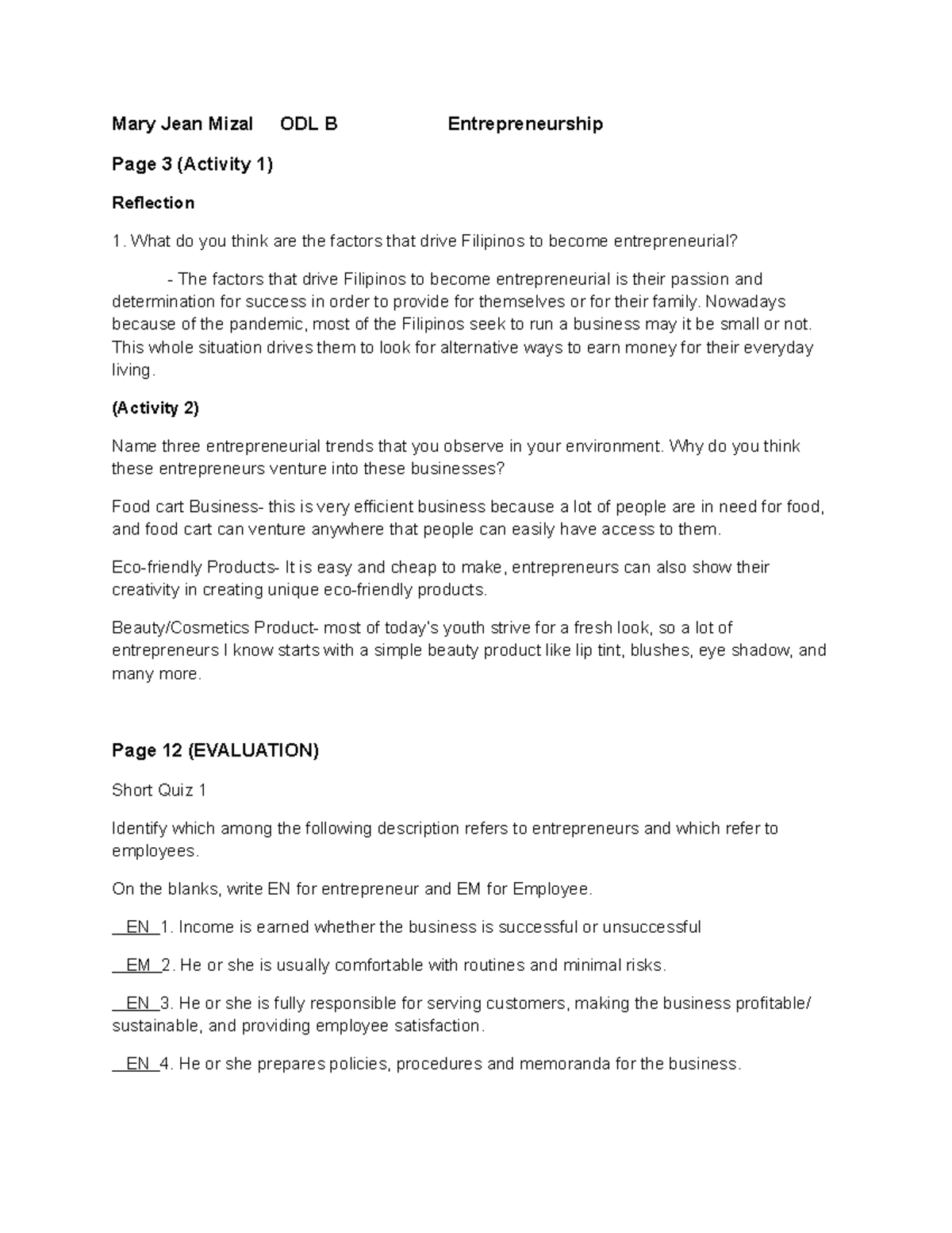 Entrep Activities - Mary Jean Mizal ODL B Entrepreneurship Page 3 ...