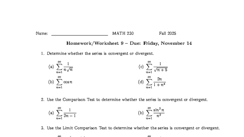MATH 230 Fall 2025 Worksheet 9: Series Convergence Tests - Studocu