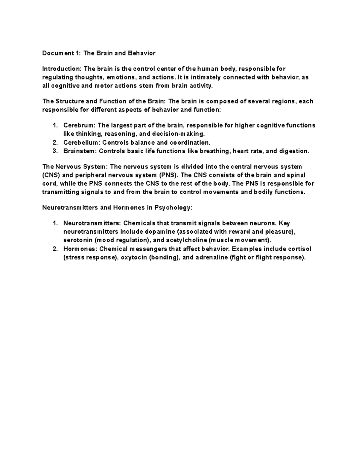 7 The Brain and Behavior - Document 1: The Brain and Behavior ...