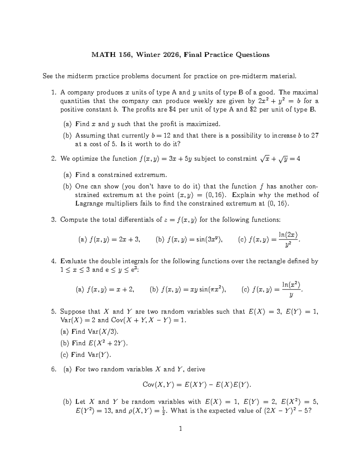 MATH 156, Winter 2026, Final Exam Practice Problems - Studocu
