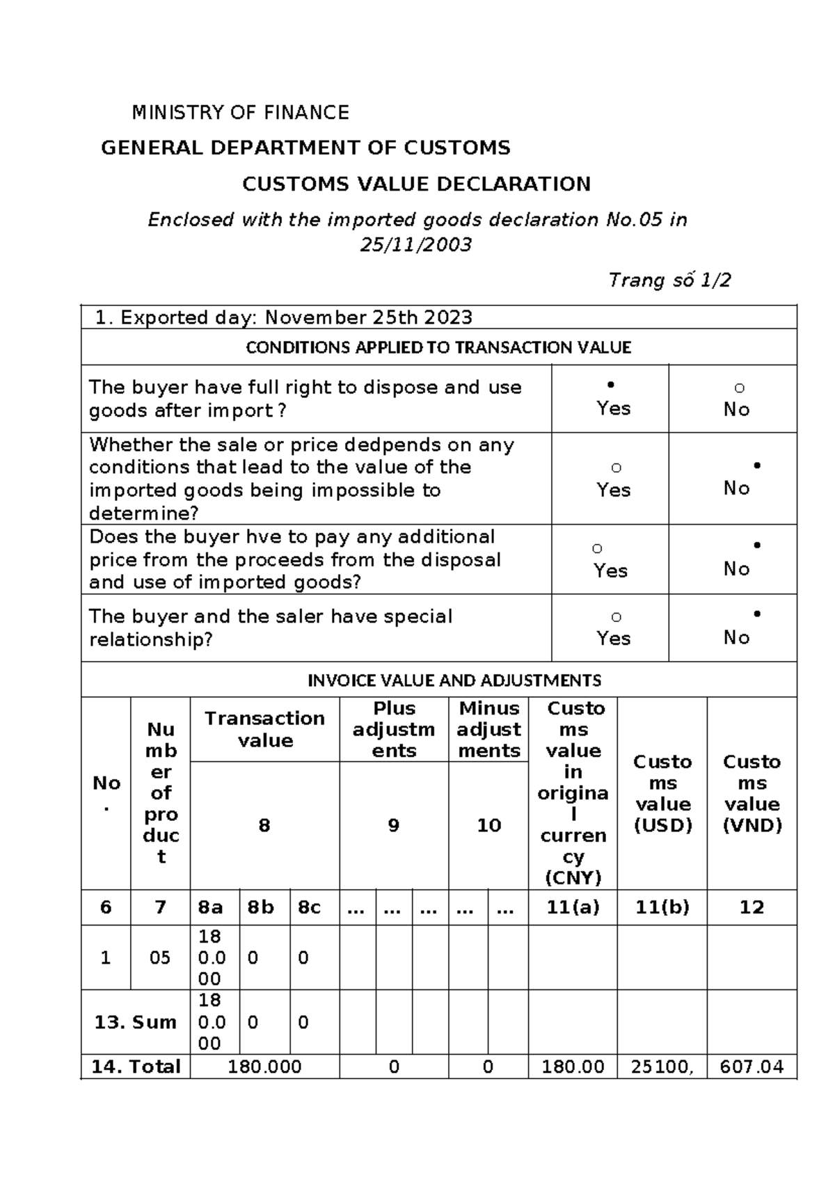 Customs Value Declaration - Import Declaration No. 05 (Nov 2023) - Studocu