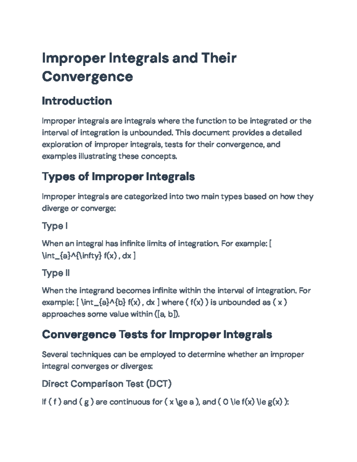 Improper Integrals: Convergence Tests and Examples (MATH 101 ...