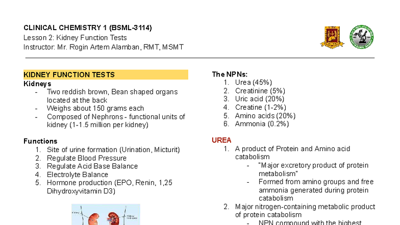 CLINICAL CHEMISTRY 1 Lesson 2: Kidney Function Tests Overview - Studocu