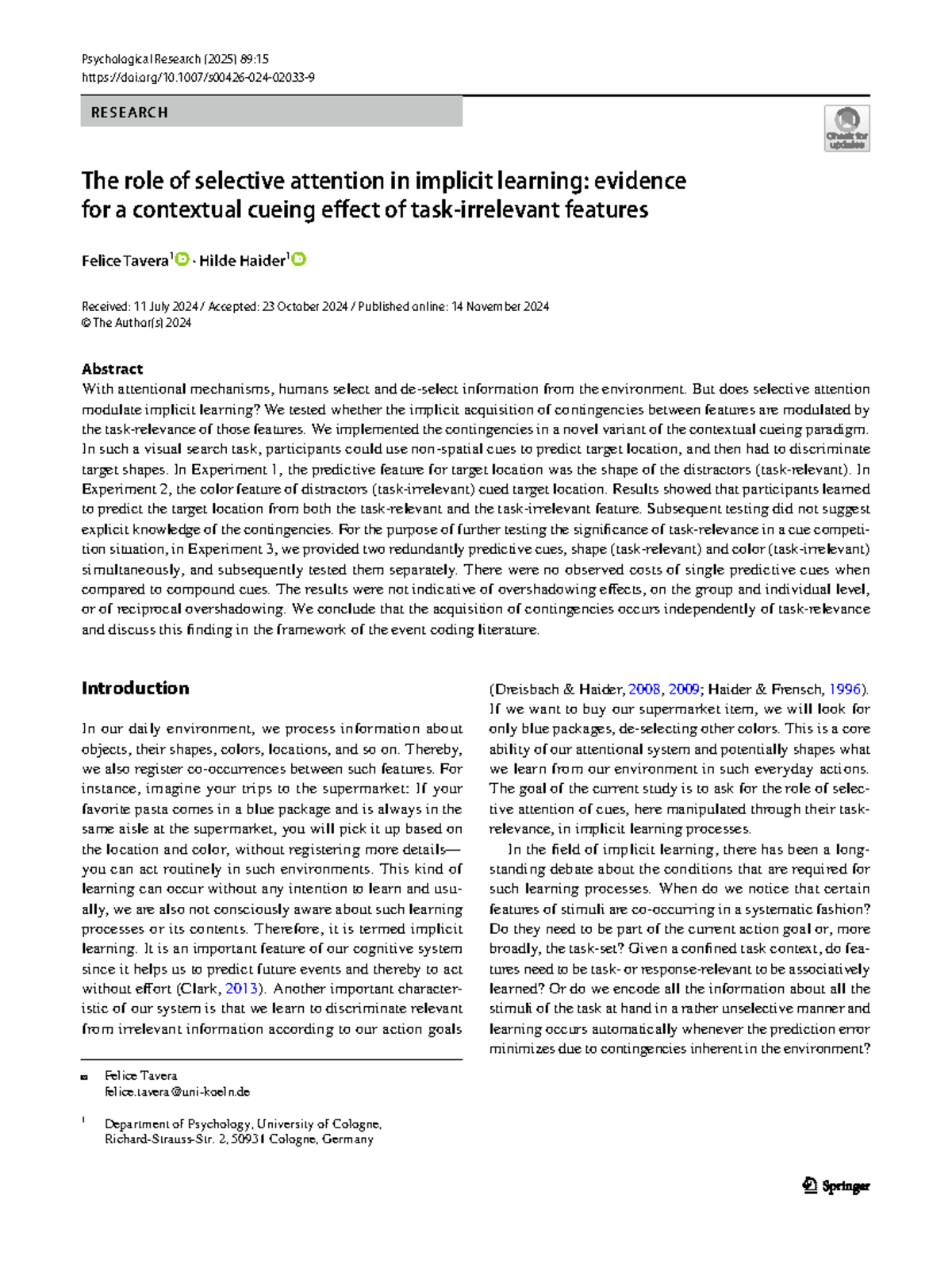 The Role of Selective Attention in Implicit Learning: Contextual Cueing Effects - Studocu
